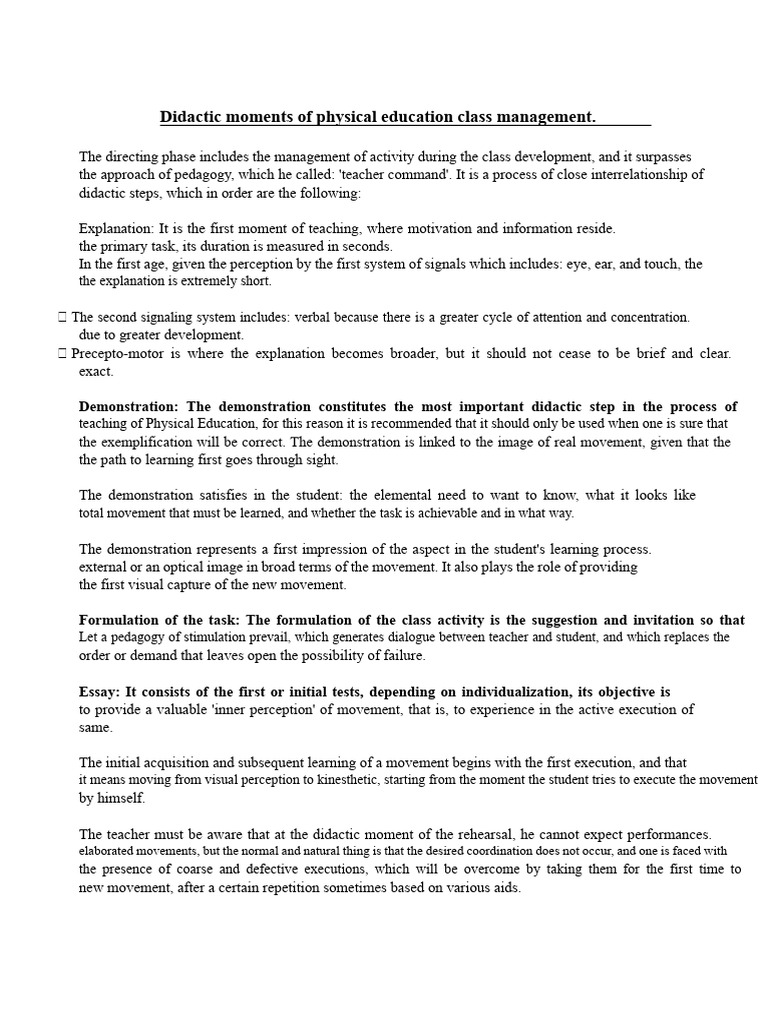 Didactic Moments of Physical Education Class Management. | PDF ...
