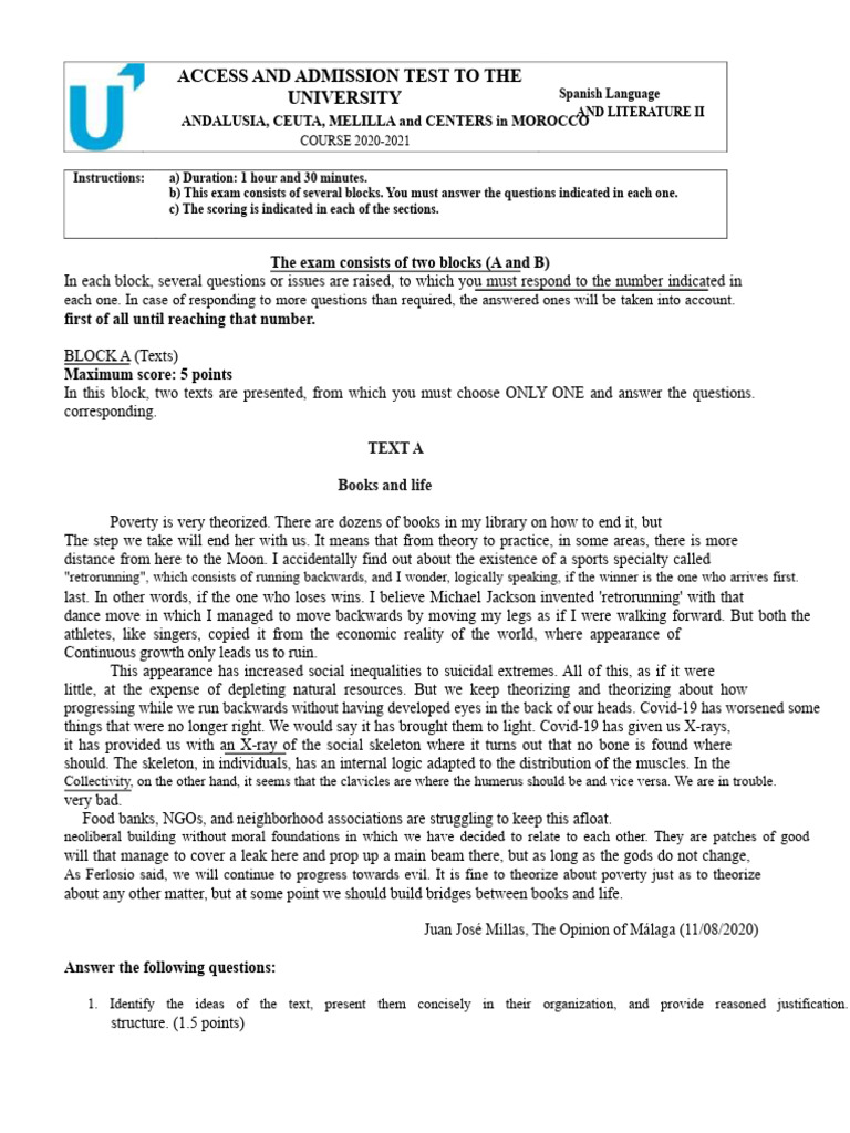 University Admission Test: Spanish Literature | PDF | Question