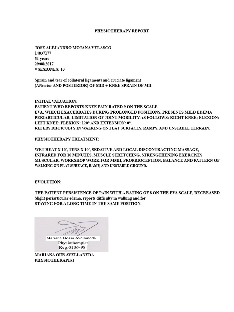 Knee Injury Physiotherapy Report | PDF
