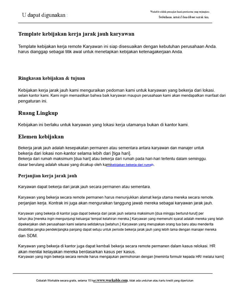 Template Kebijakan Kerja Jarak Jauh Karyawan | PDF