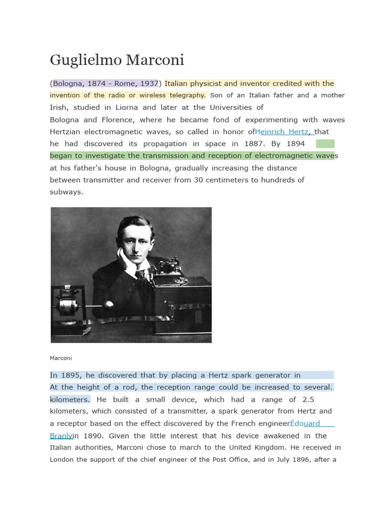 Biography of Guillermo Marconi | PDF | Radio | Electromagnetic Radiation
