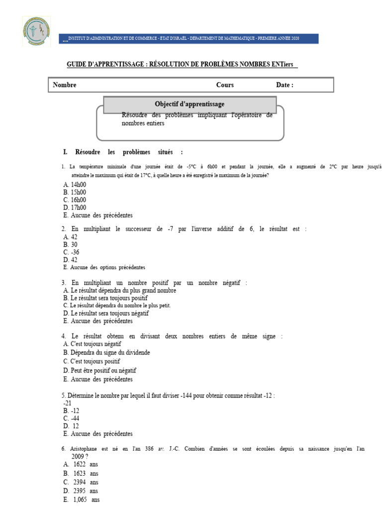 Résolution de Problèmes de Nombres Entiers | PDF | Entier naturel
