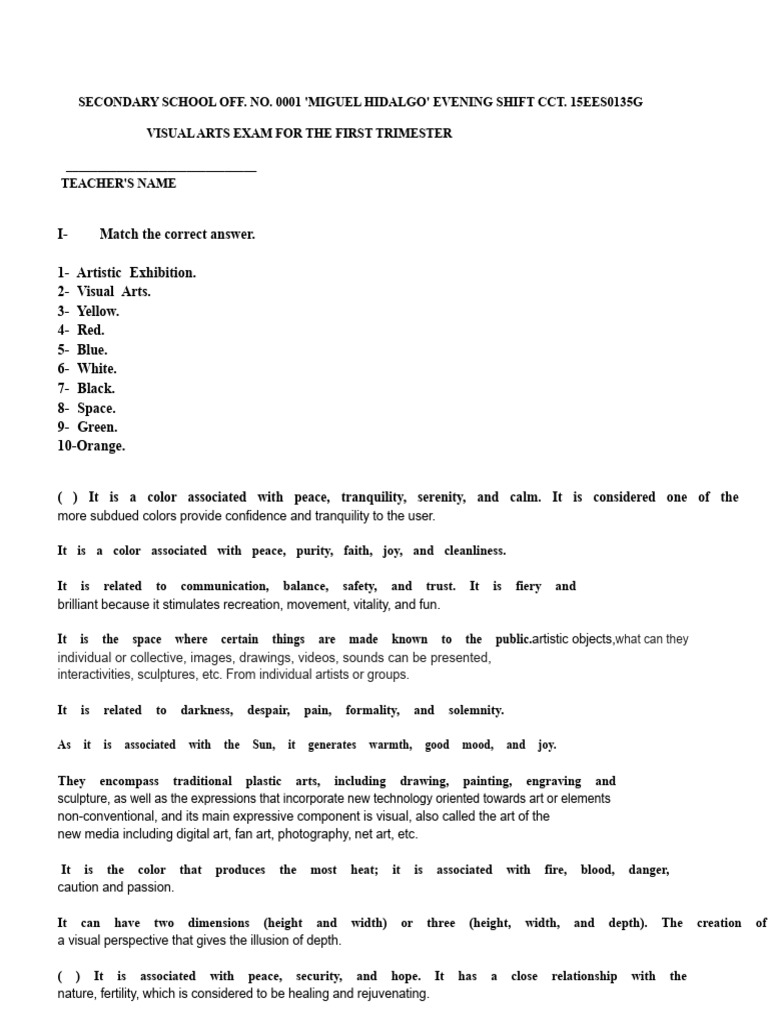 EXAM - VISUAL ARTS 1st GRADE - TRIMESTER 1 | PDF | Paintings | Color
