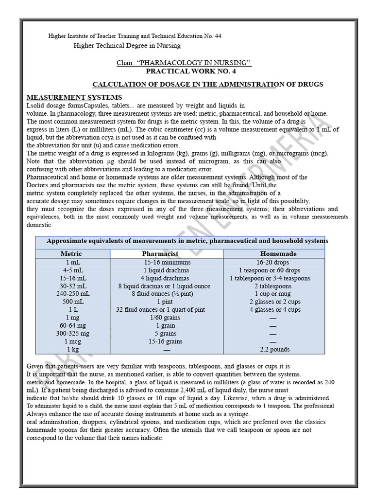 TP No. 4. PHARMACOLOGY - DOSAGE CALCULATION - DROPS FACTOR | PDF | Osmosis | Dose (Biochemistry)