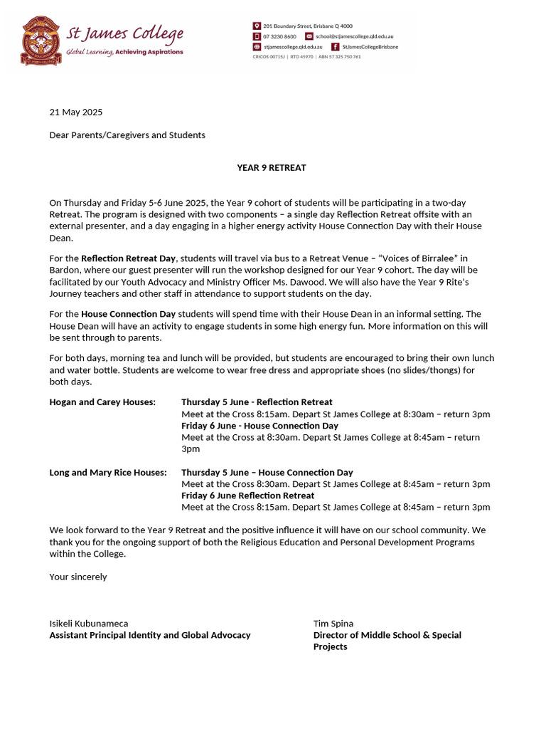 Year 9 Retreat Parent Letter May 2025 683e4f19bc95f | PDF