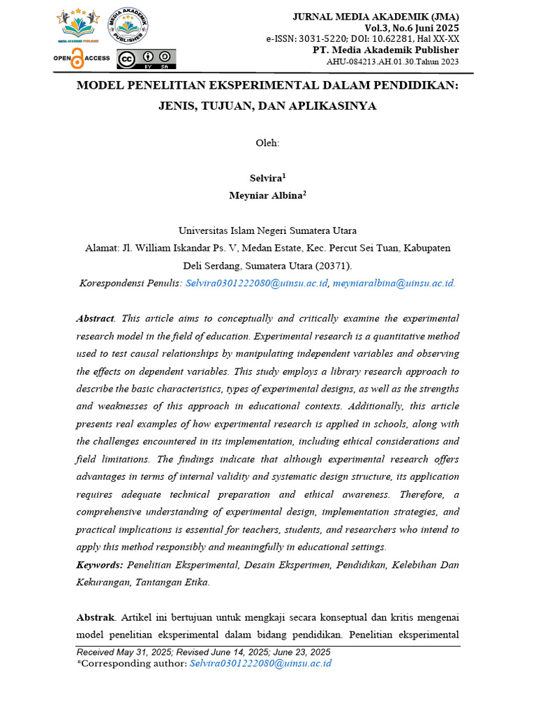Model Penelitian Eksperimental Pendidikan | PDF