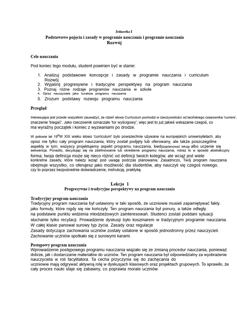 Jednostka I Nauczyciel I Program Nauczania | PDF