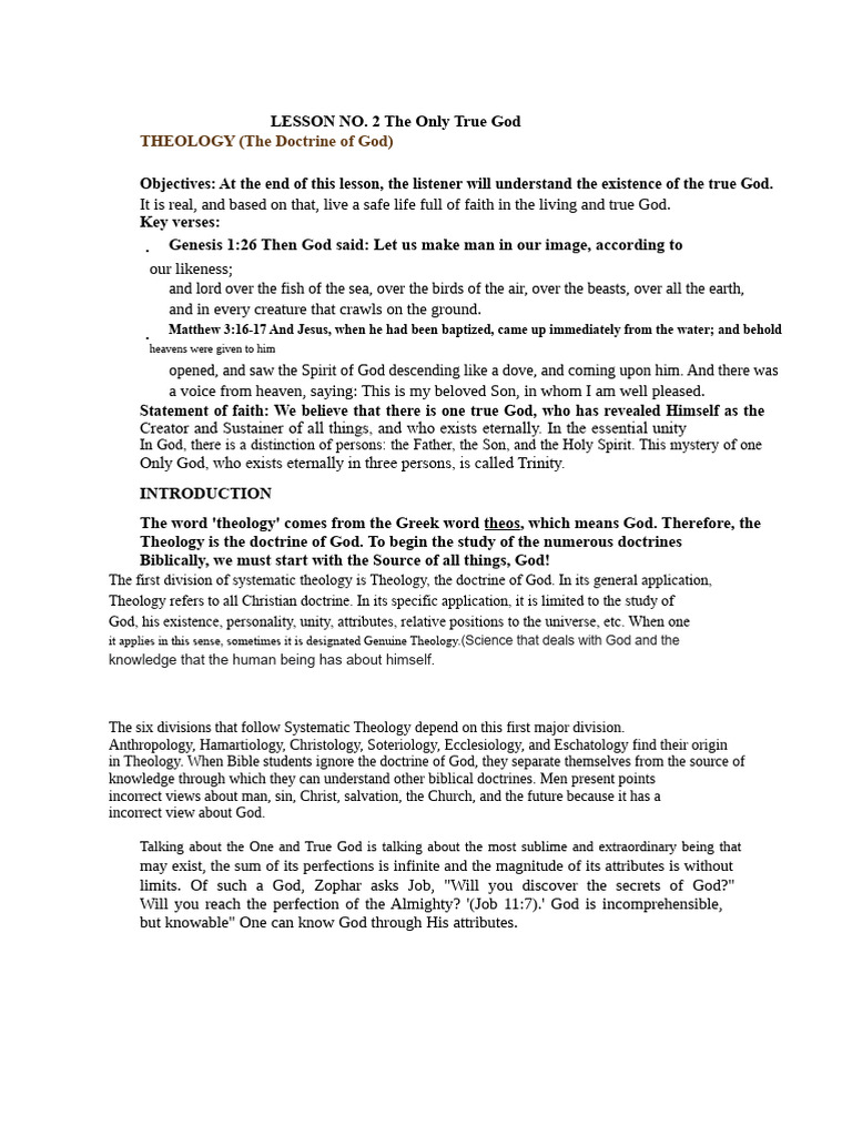 LESSON NO. 2 The One and True God | PDF | Trinity | God The Father