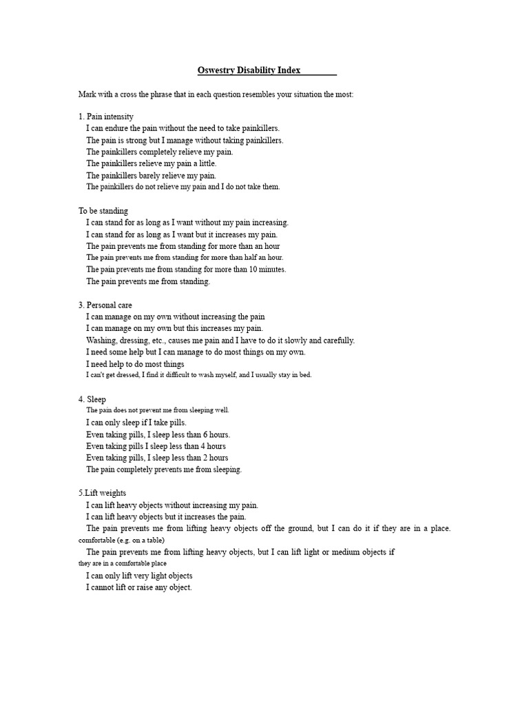 Oswestry Disability Index Questionnaire | PDF | Pain | Clinical Medicine