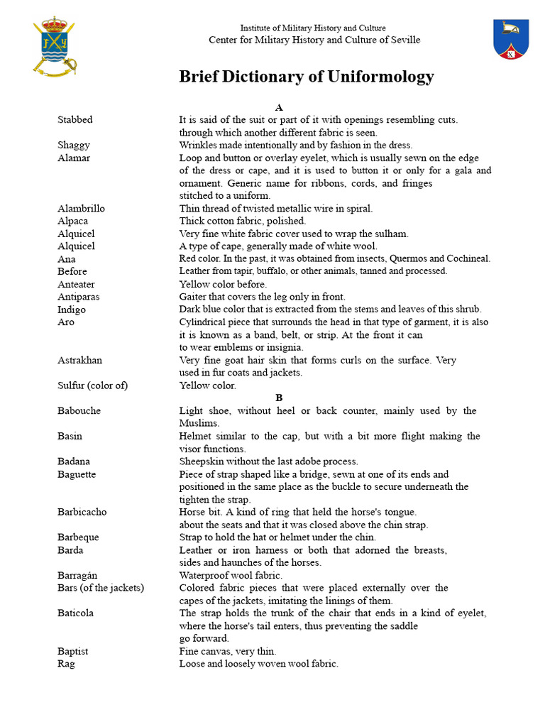 Military Uniform Terminology Dictionary | PDF | Textiles | Headgear