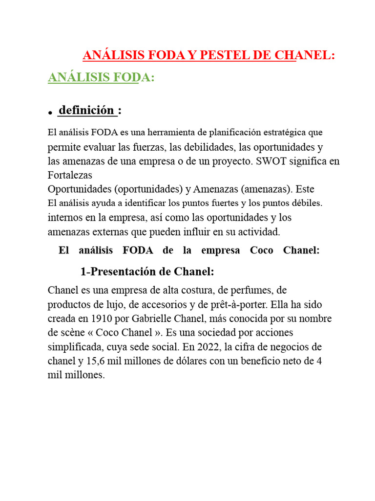FODA y PESTEL de Chanel: Análisis Estratégico | PDF | Análisis FODA | Marca