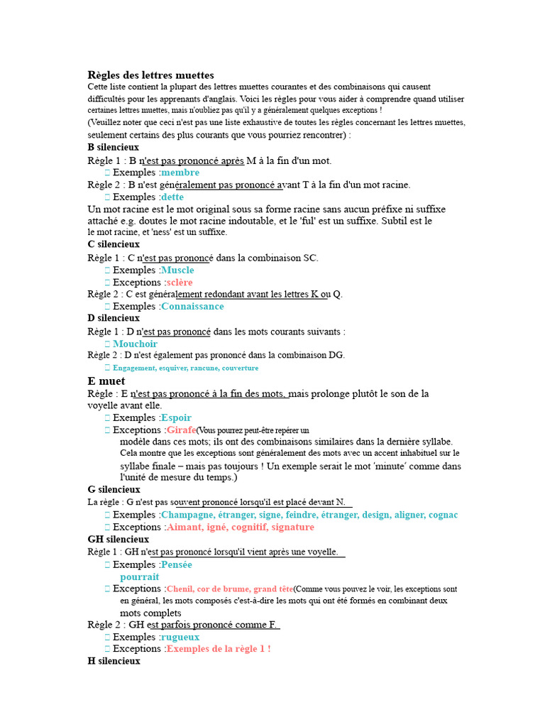 Règles Des Lettres Muettes | PDF | Syllabe | Phonétique