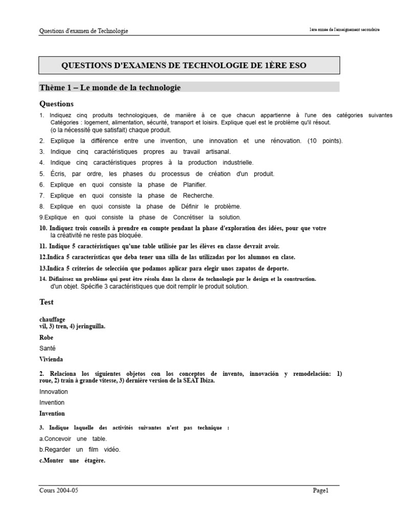 Questions d'examen de Technologie 1ère ESO | PDF | Internet | Internet ...