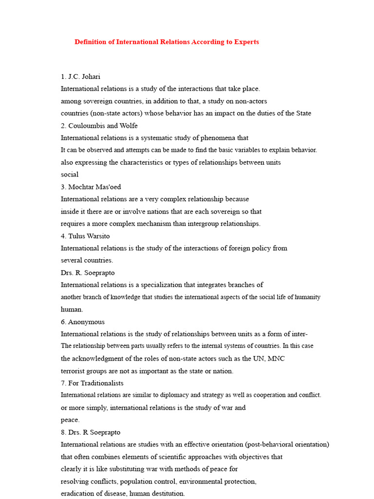 Expert Definitions of International Relations | PDF | Science | Society