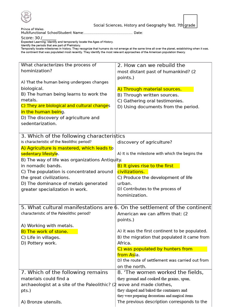 Seventh Grade Prehistory Test | PDF | Paleolithic | Archaeology