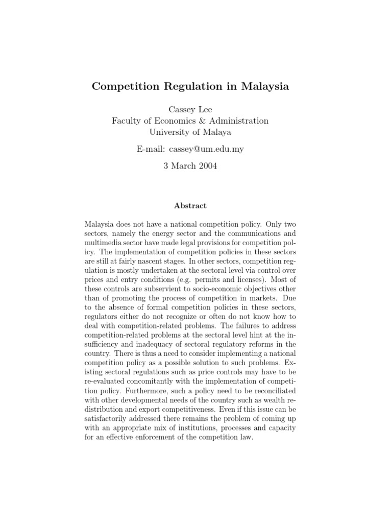 Competition Regulation in Malaysia | PDF | Business