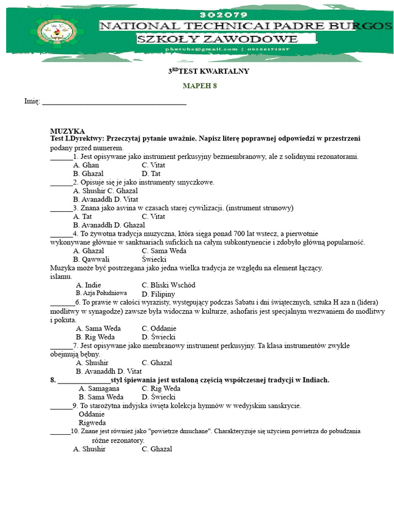 Test Z MAPEH Na 3. Kwartal Klasy 8 | PDF