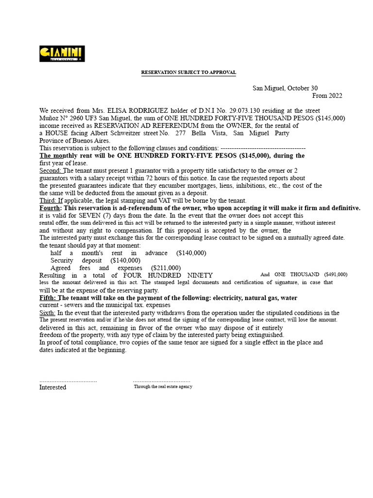 Rental Reservation Agreement Details | PDF | Lease | Renting