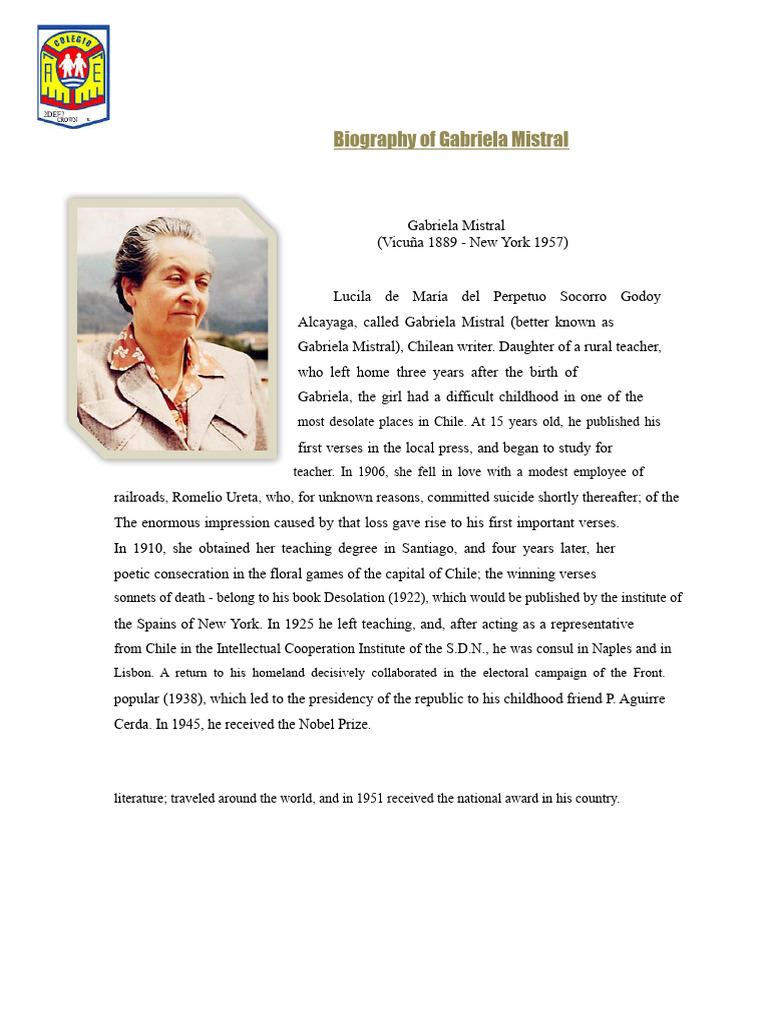 Biography of Gabriela Mistral | PDF | Writing