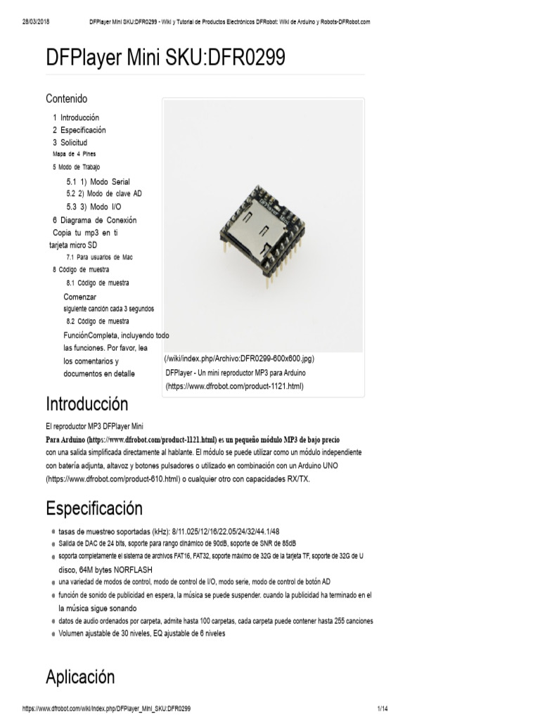 DFPlayer Mini DFR0299: Guía y Tutorial | PDF | Arduino | Informática