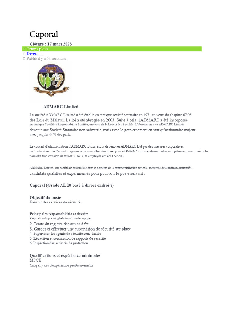 Offres d'emploi chez ADMARC Limited | PDF | Technologies de l ...