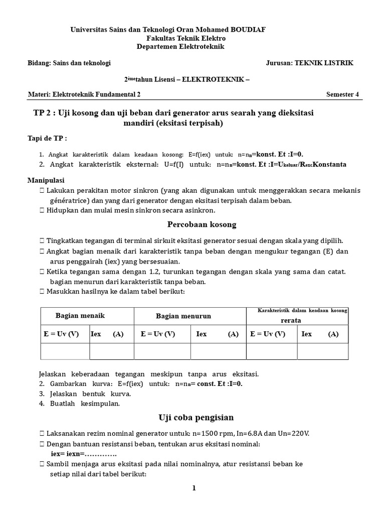 TP 2 Uji Tanpa Beban Dan Beban Dari Generator Arus Searah Dengan ...