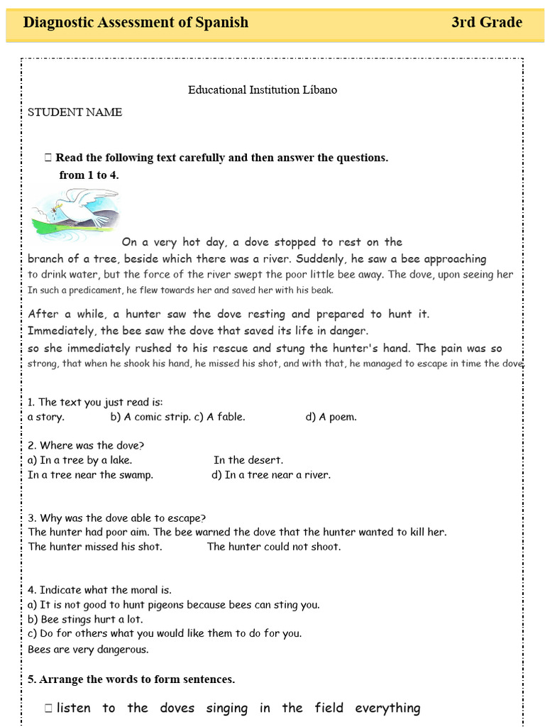 Diagnostic Test Spanish Third Grade 2019 | PDF