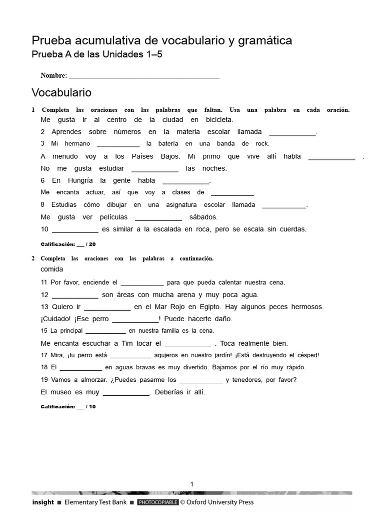 Prueba de Vocabulario y Gramática A | PDF