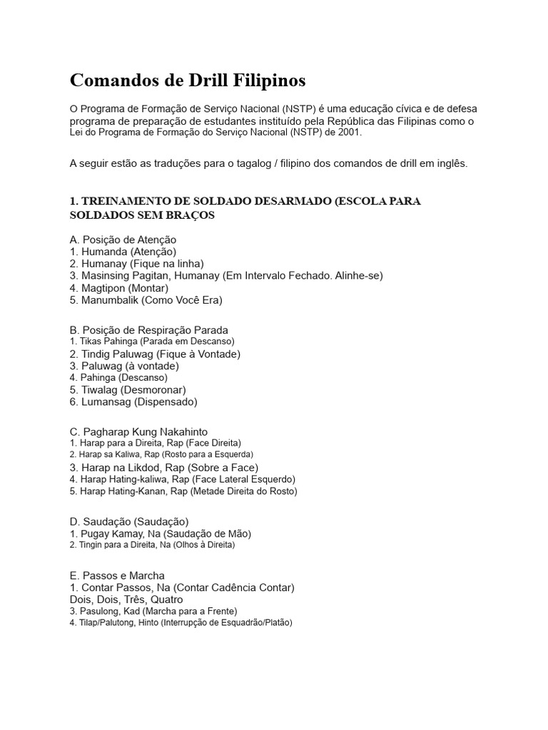 Comandos de Drill em Tagalog para NSTP | PDF | Pelotão | Rifle