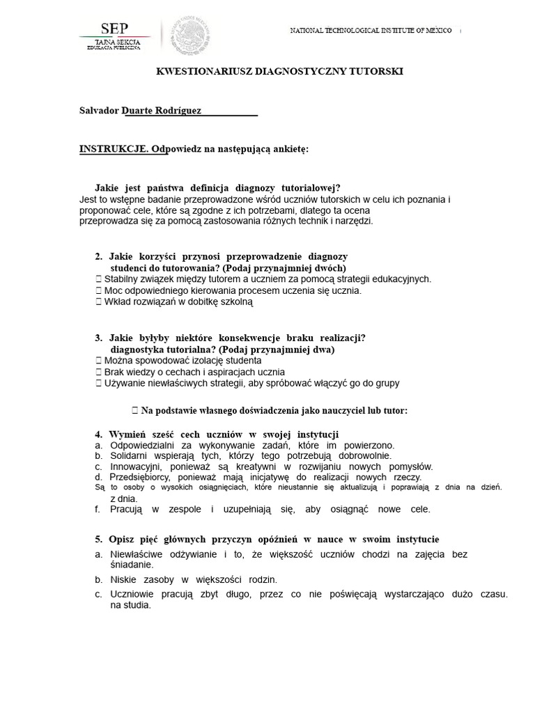 Kwestionariusz Diagnostyczny Tutorialu | PDF