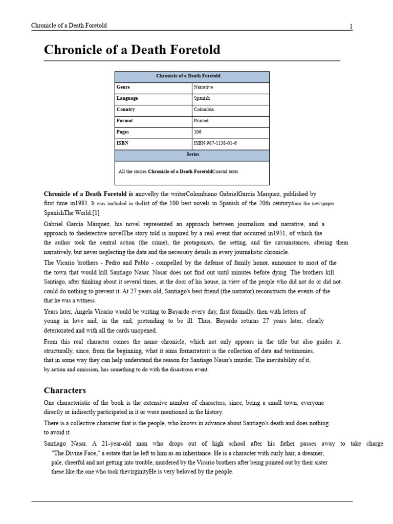 Chronicle of A Death Foretold Summary - Gabriel Garcia Marquez | PDF