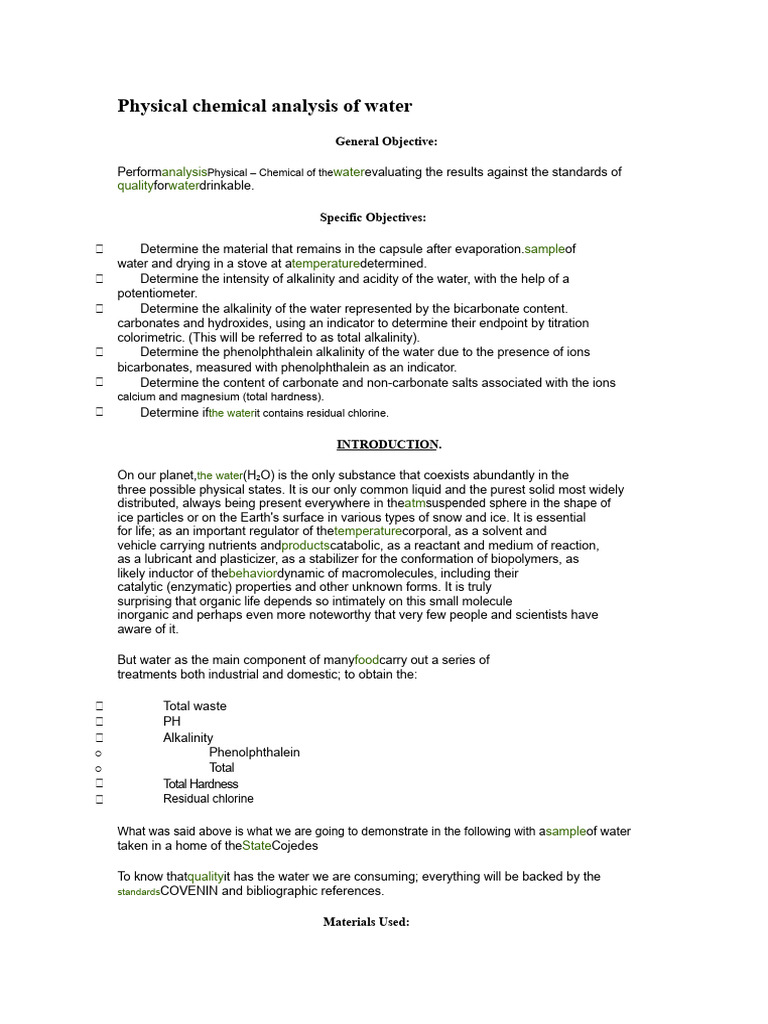 Physical Chemical Analysis of Water | PDF | Water Purification ...