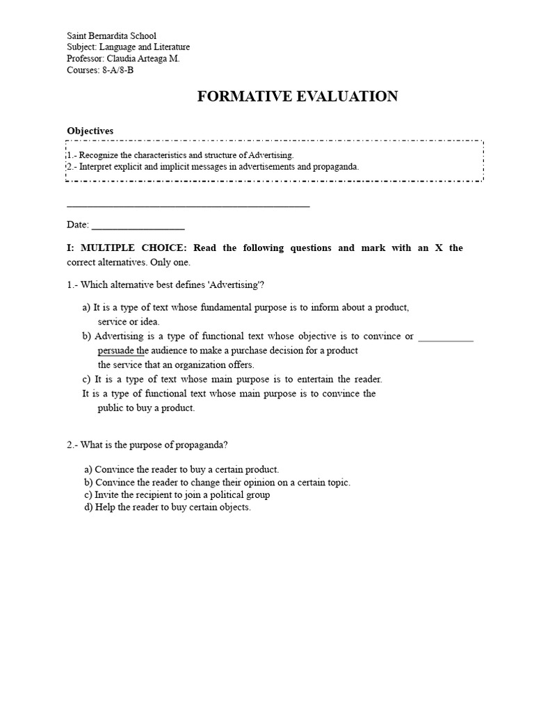 Formative Evaluation 8 A 8 B Language and Literature | PDF ...