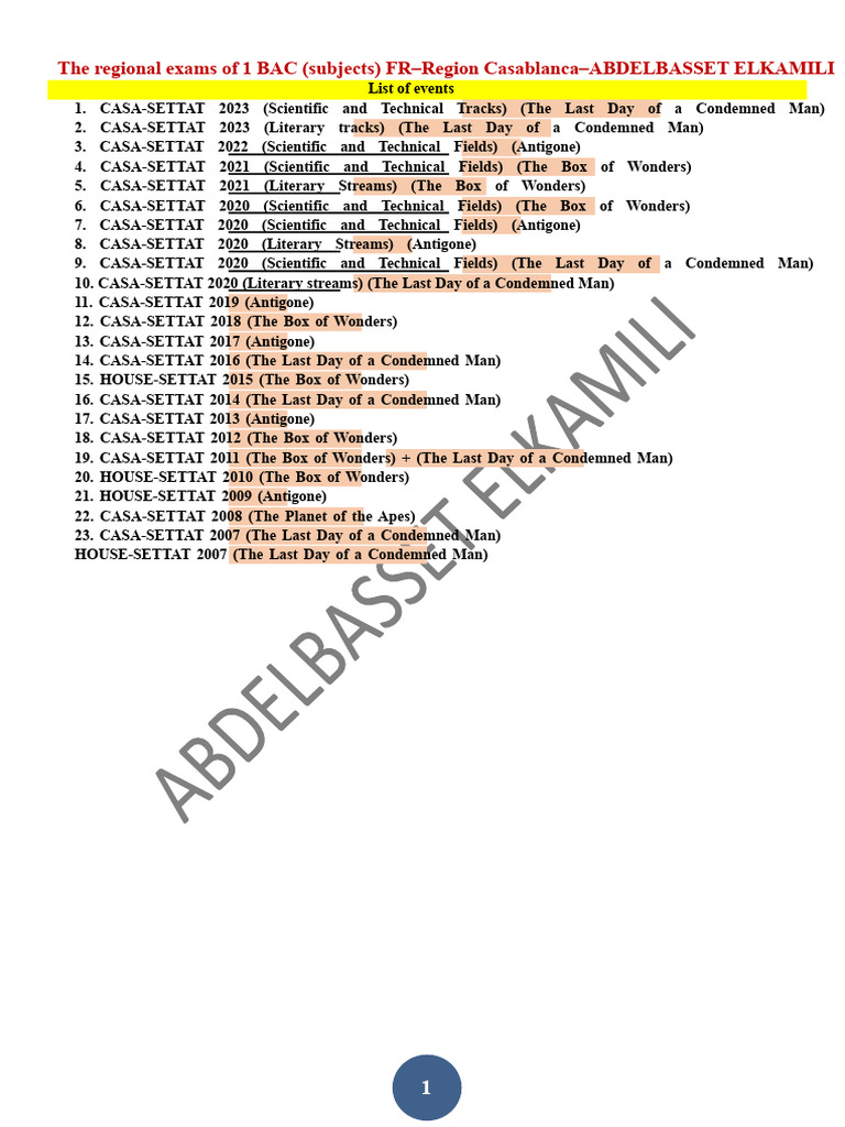 Morocco 1st BAC Regional Exam Subjects | PDF