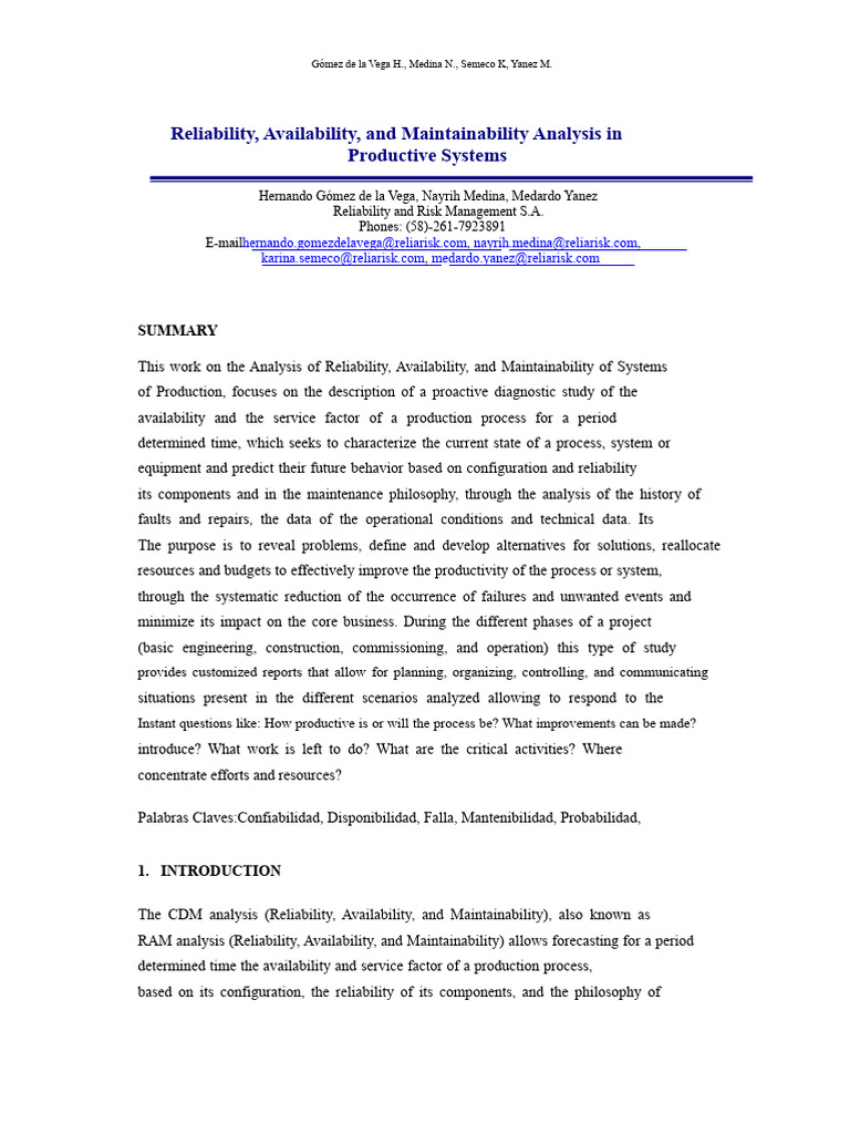 Reliability, Availability, and Maintainability Analysis in Production Systems | PDF ...