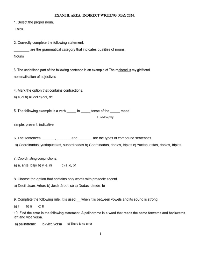 Final Exam of Indirect Writing 2024. Exani Ii | PDF | Word | Noun