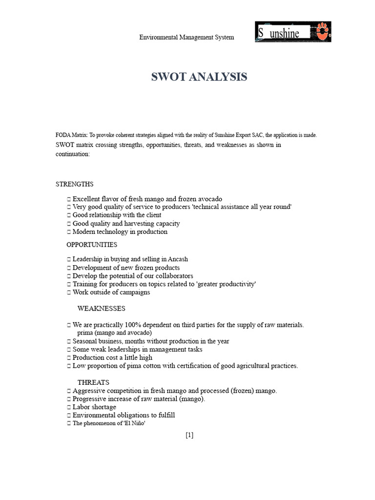 SWOT Analysis for Sunshine Export SAC | PDF