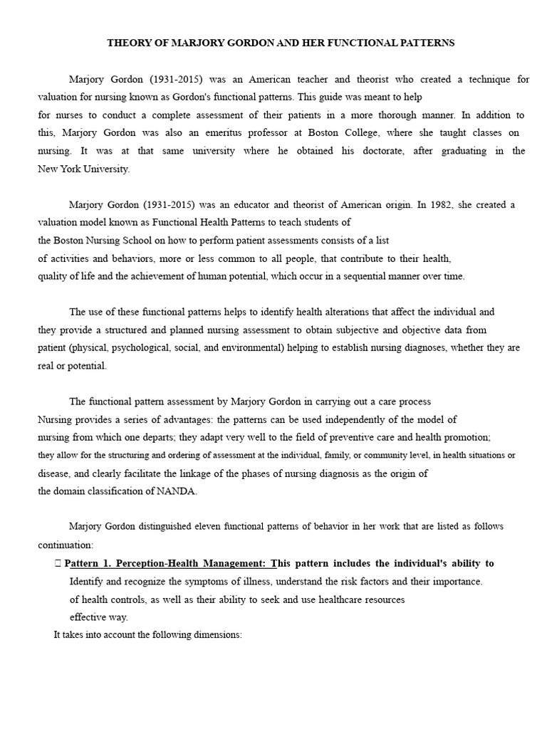 Theory of Marjory Gordon and Her Functional Patterns | PDF | Well Being ...