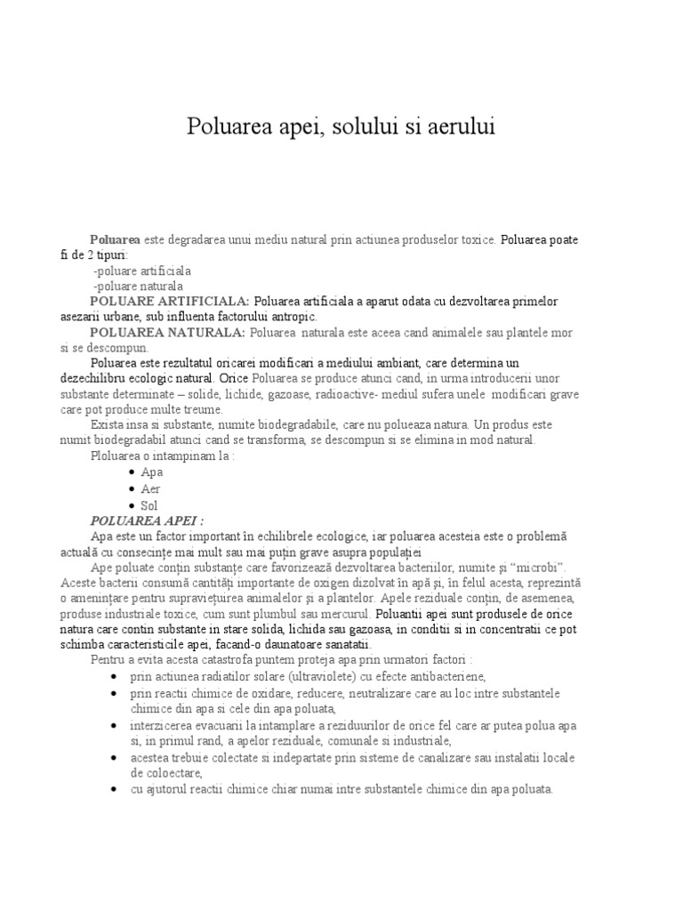 Poluarea Apei Solului Si Aerului | PDF