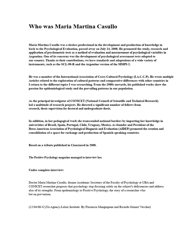 Who Was Maria Martina Casullo and Positive Psychology | PDF ...