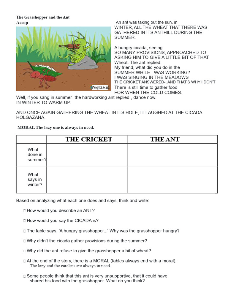 Aesop's Fable: The Ant and the Grasshopper | PDF