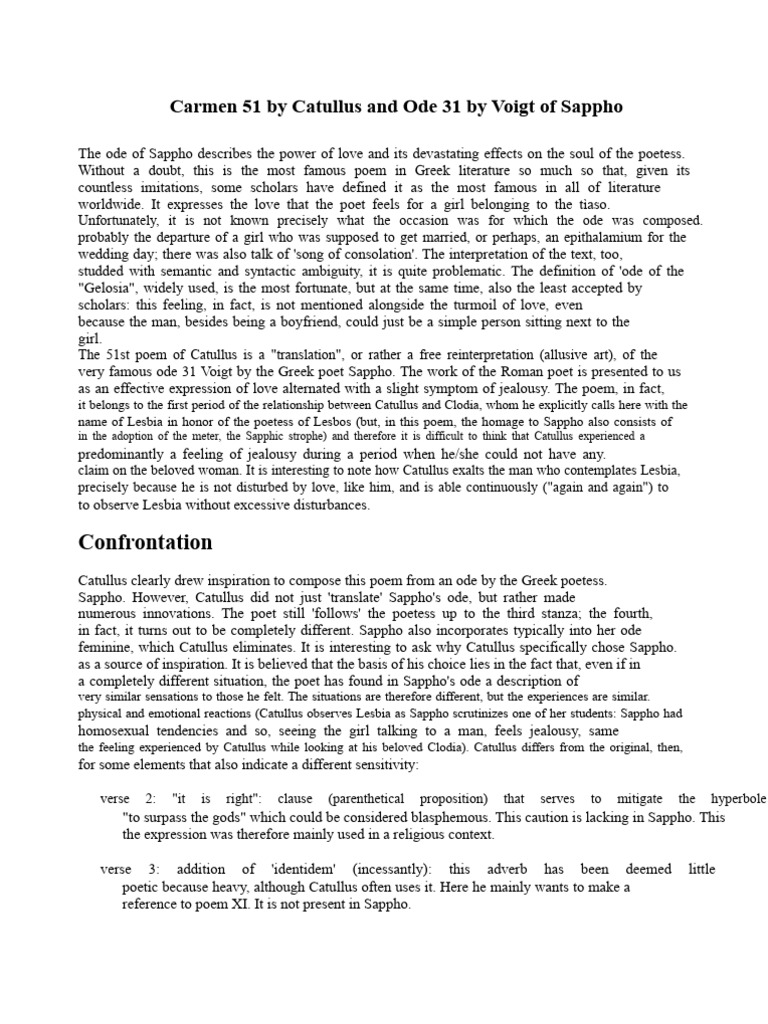 Comparison Between Catullus' Poem 51 and Sappho's Ode 31 | PDF | Poetry ...