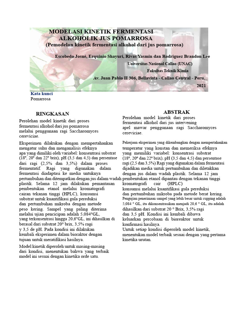 Kinetik Fermentasi Alkohol Jus Pomarrosa | PDF
