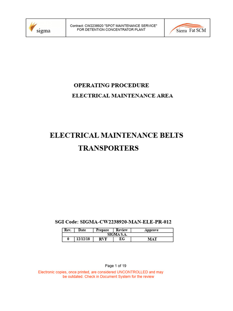 Electrical Maintenance Procedure for Belts | PDF | Occupational Safety ...