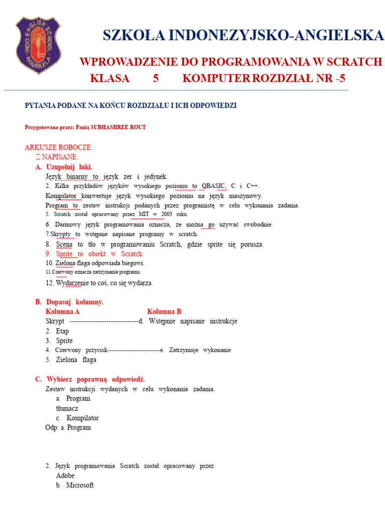 KLASA-5-COMPUTERY-ROZDZIAŁ-5-WPROWADZENIE DO PROGRAMOWANIA W SCRATCH-Pani Subhashree Rout PDF | PDF