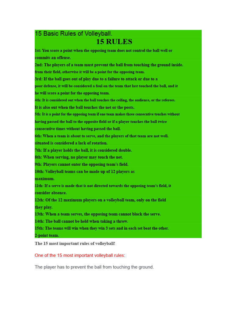 15 Basic Rules of Volleyball | PDF | Volleyball | Ball Games