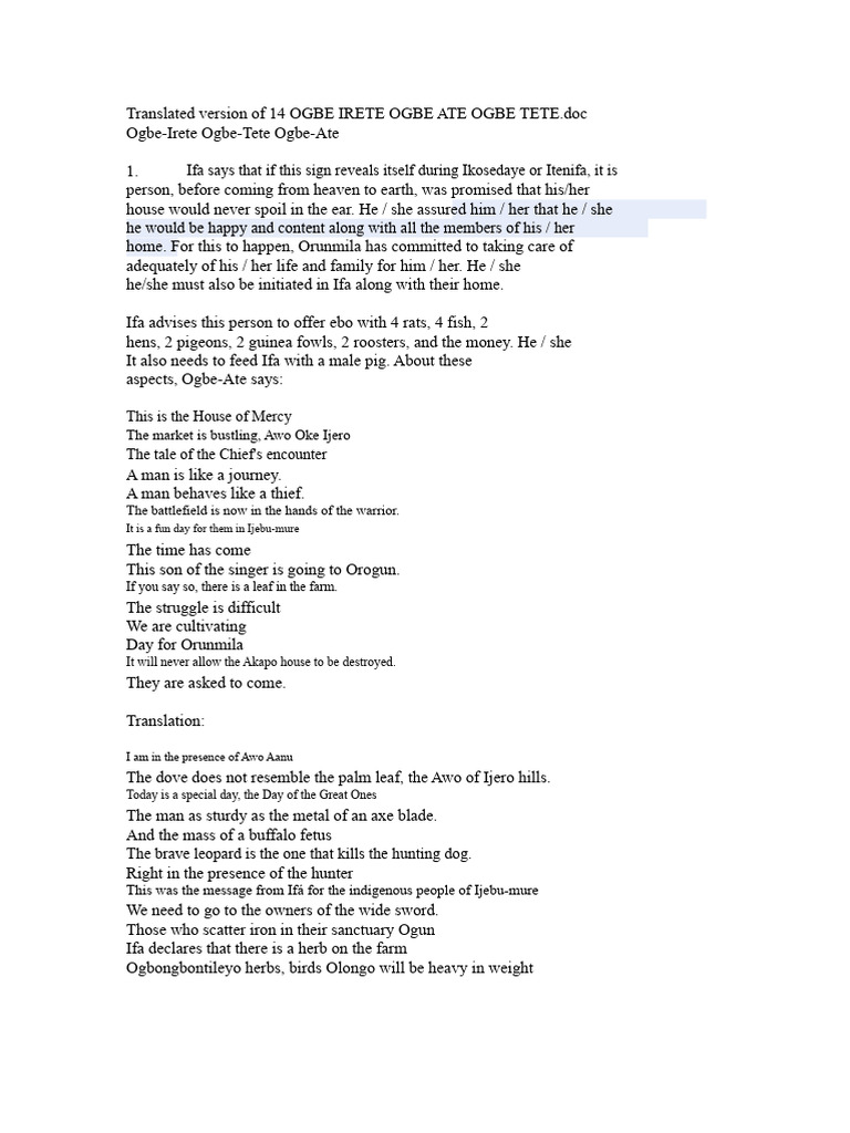 Translated Version of OGBE IRETE | PDF