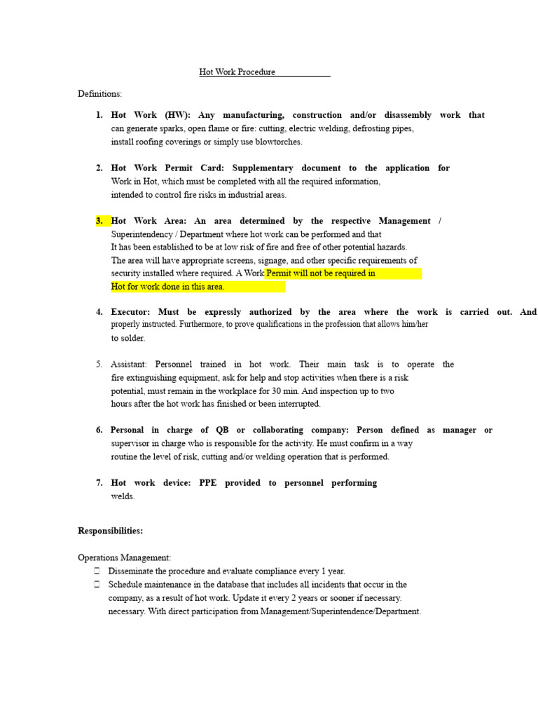 Hot Work Procedure SUMMARY | PDF | Welding | Construction