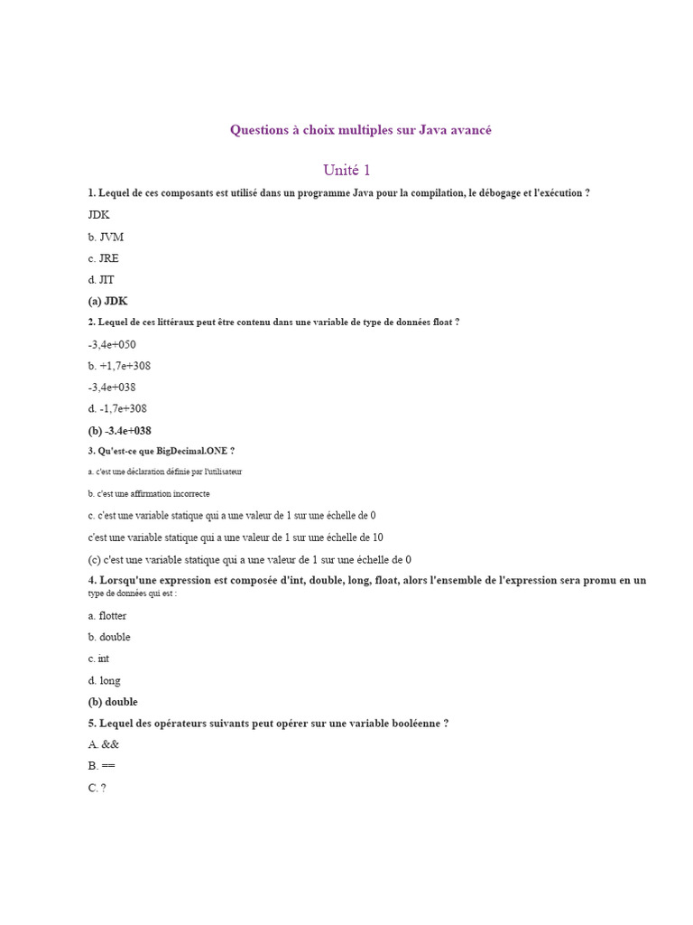 Questions À Choix Multiples Sur Java | PDF | Java (Langage de ...