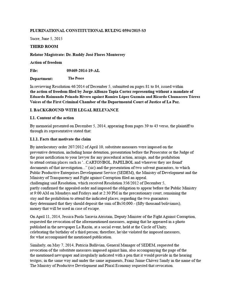 PLURINATIONAL CONSTITUTIONAL SENTENCE 0594 (Revocation of Precautionary ...